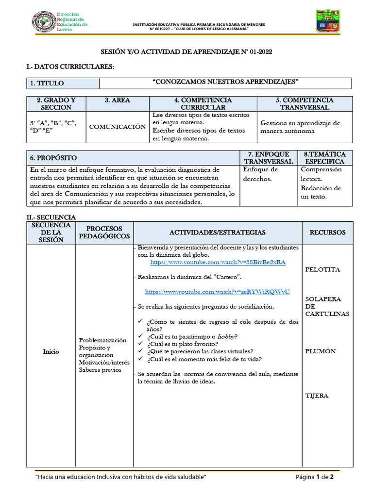 SESIÓN-ACTIVIDAD DE APRENDIZAJE 01 - COMUNICACIÓN - 2022 INCA ROCA | PDF | Evaluación ...