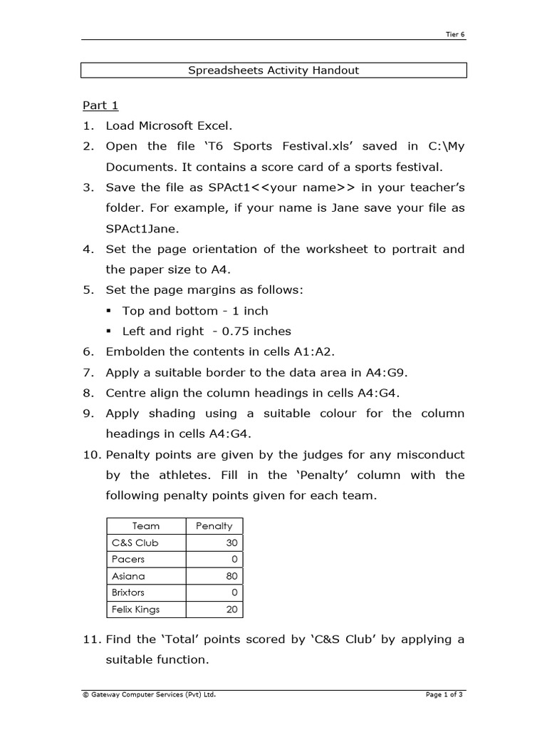 Spreadsheets Activity Handout | PDF | Microsoft Excel | Chart