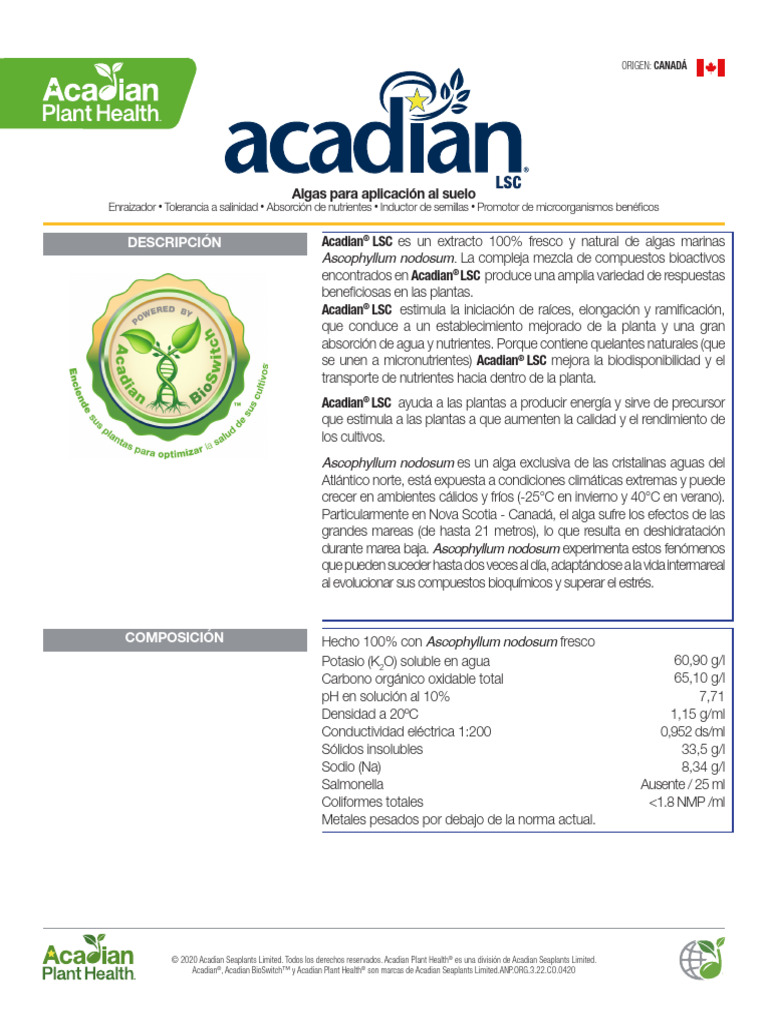 Ficha Tecnica Acadian Lsc Colombia | PDF | Plantas | Algas