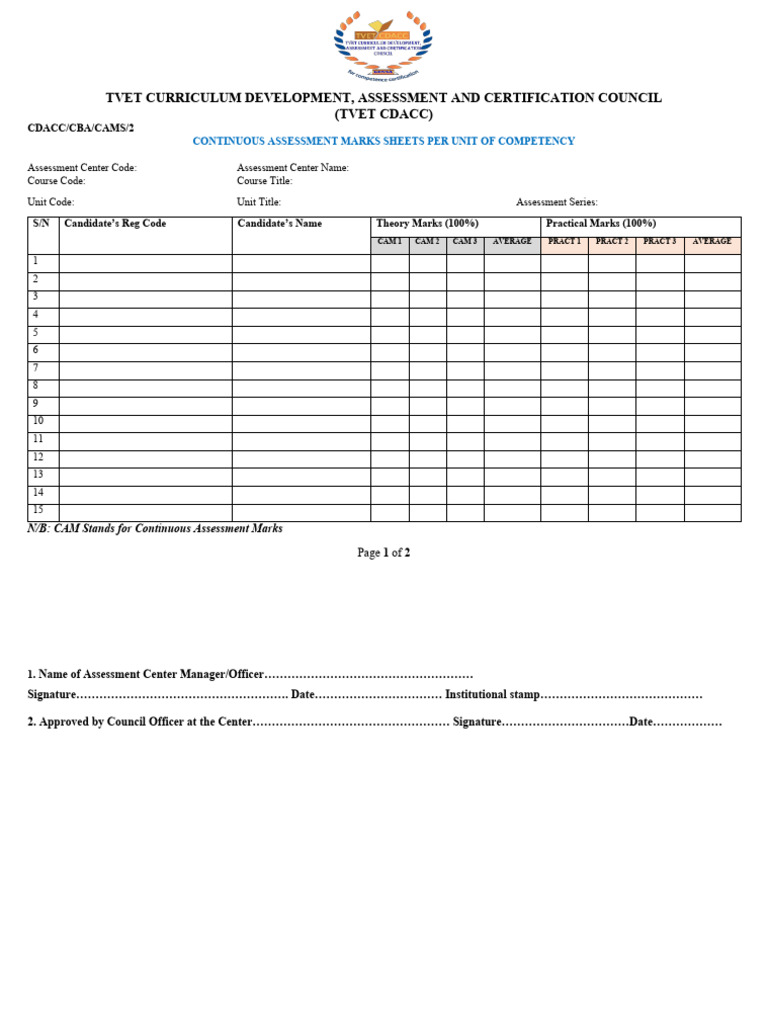 Continous Assessment Marks Sheets Per Unit of Competency | PDF