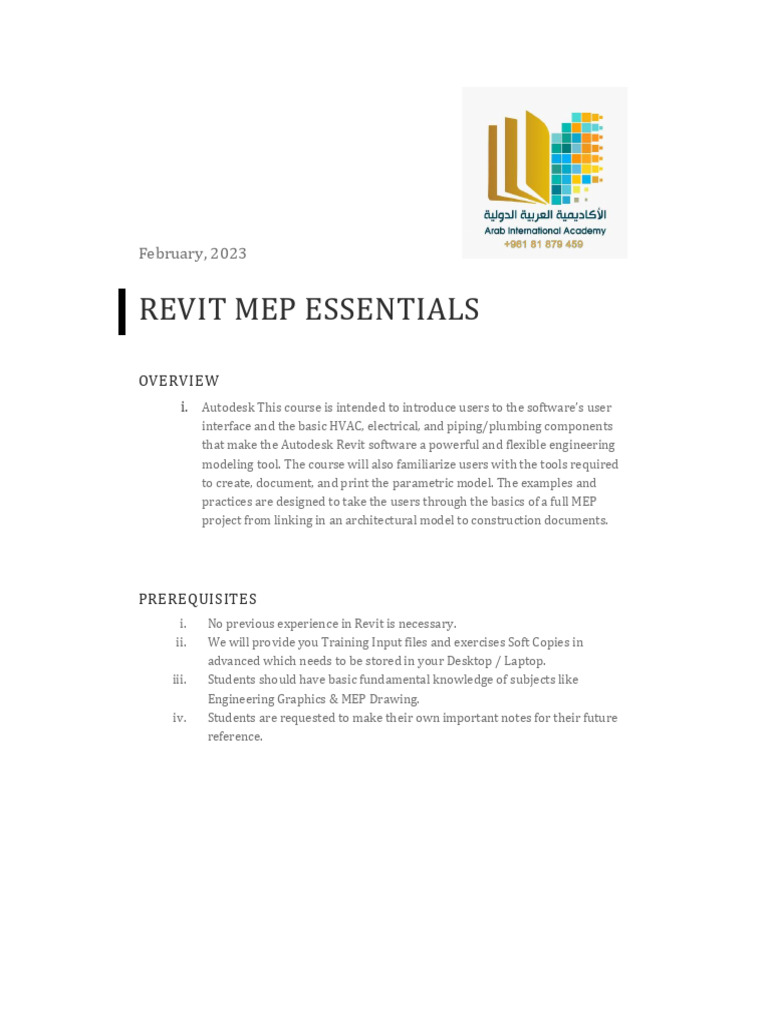 Revit MEP Essentials Outline | PDF | Autodesk Revit | Computer Science