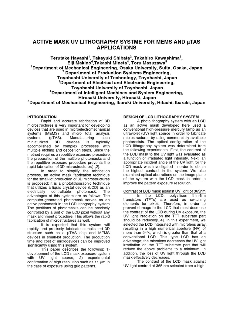 ACTIVE MASK UV LITHOGRAPHY SYSTME FOR MEMS AND μTAS APPLICATIONS | PDF ...