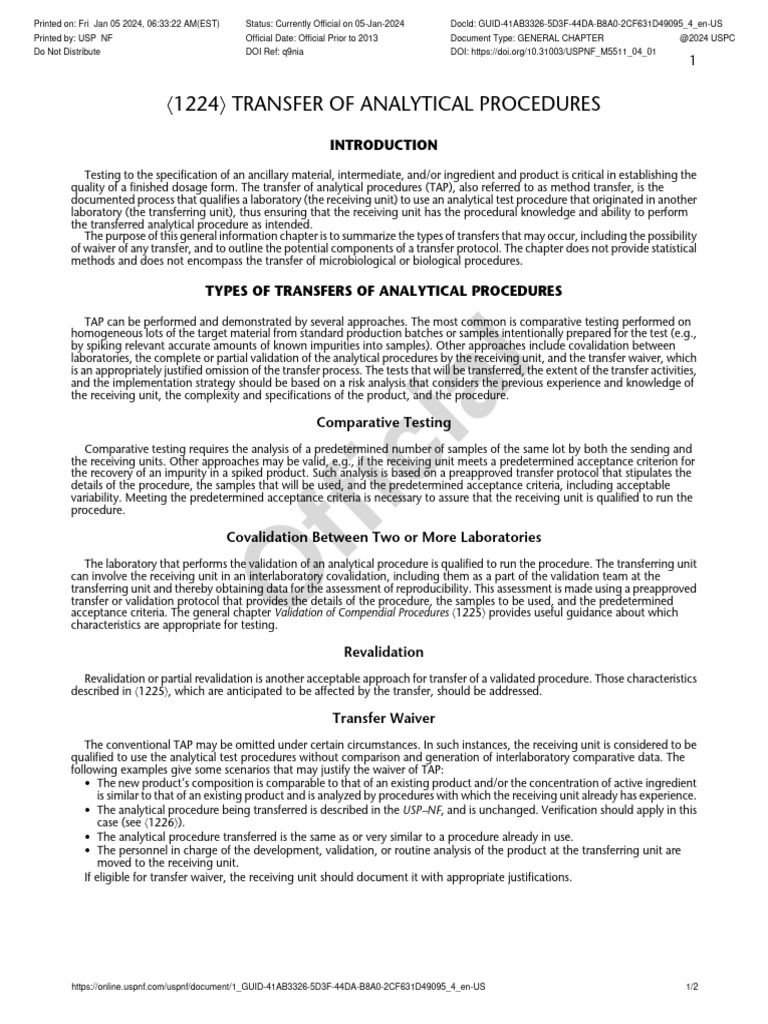 1224 Transfer of Analytical Procedures | PDF | Sampling (Statistics) | Statistics