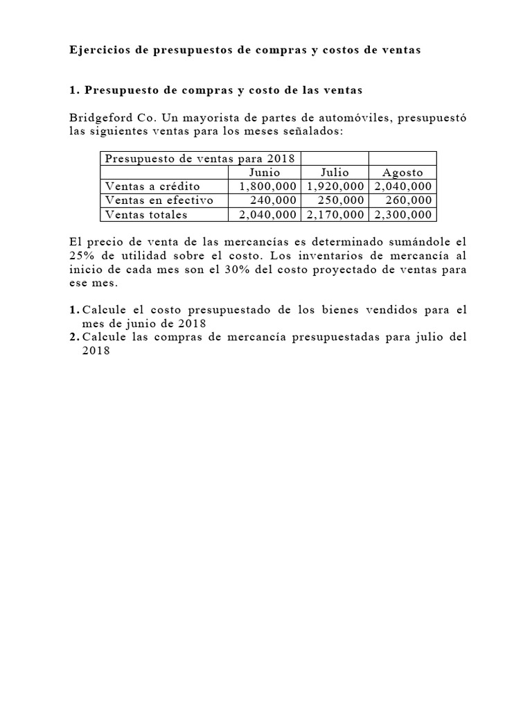 Ejercicios de presupuestos de Ventas y Compras | PDF | Presupuesto | Economias