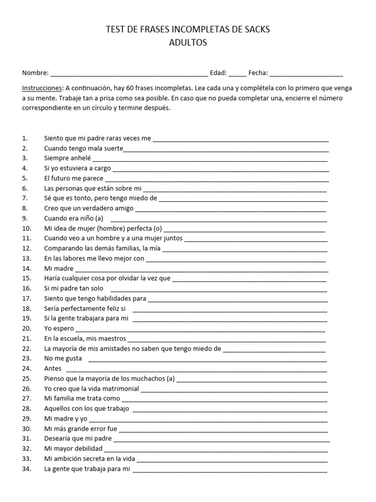 Test de Frases Incompletas Sacks para Adultos | PDF | Relaciones ...