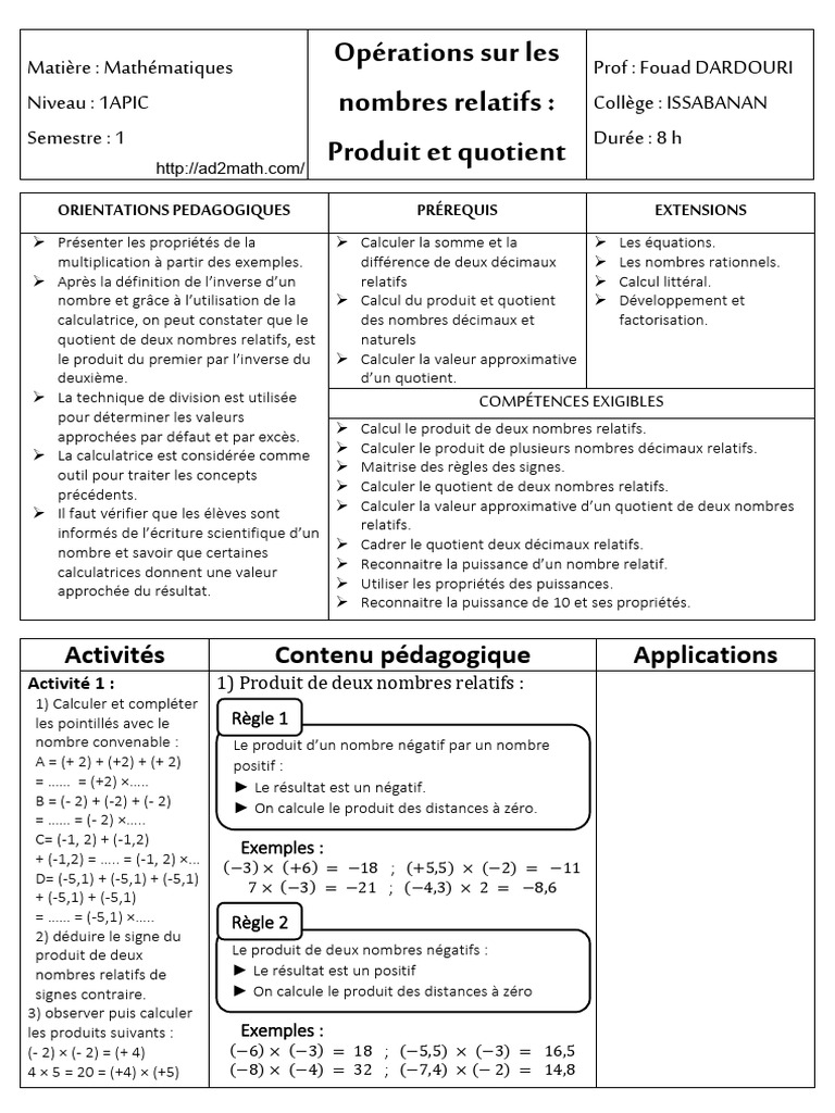 Opérations sur les Nombres Relatifs | PDF | Division | Nombre