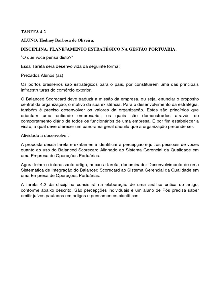 ATIVIDADE 4.2_PLANEJAMENTO ESTRATÉGICO NA GESTÃO PORTUÁRIA. | PDF | Business | Economias