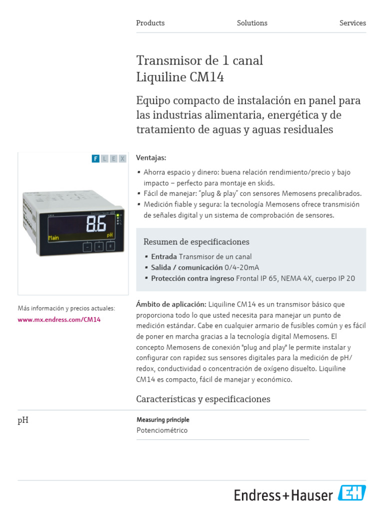 Transmisor Liquiline CM14: Especificaciones y Ventajas | PDF | Sensor