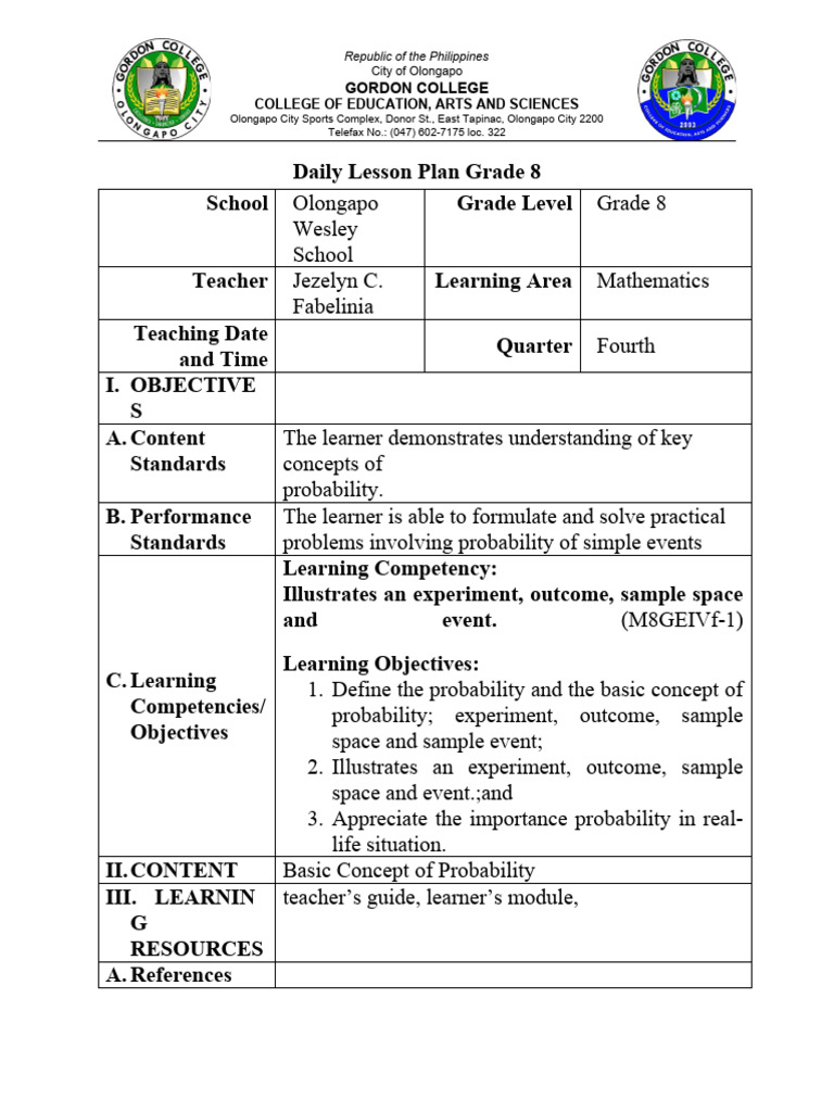 Grade 8 Mathematics Lesson Plan: Probability | PDF | Probability | Learning