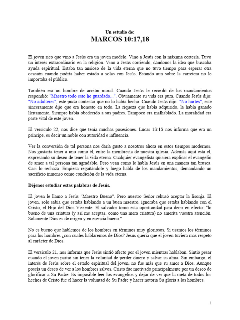 Reflexiones sobre Marcos 10: El joven rico | PDF | Salvación | Jesús