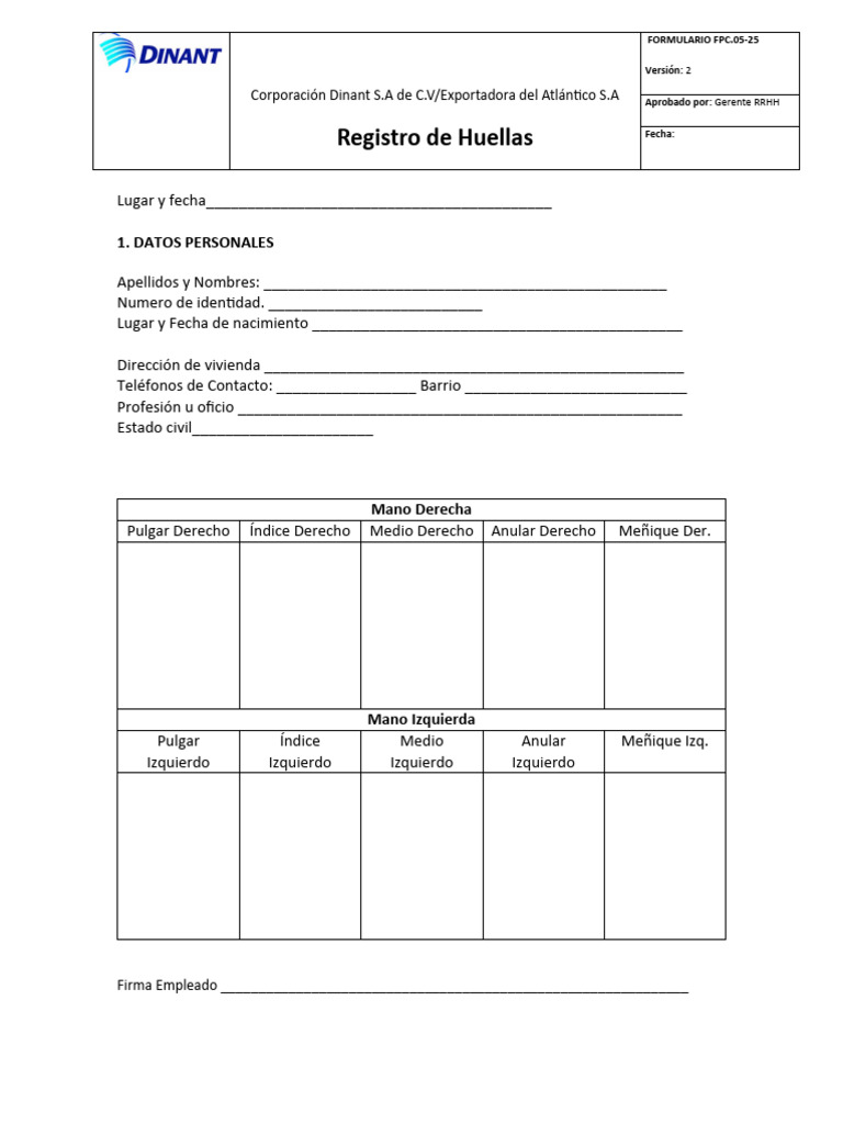 FPC-05.25 Formulario Registros de Huellas V2 | PDF
