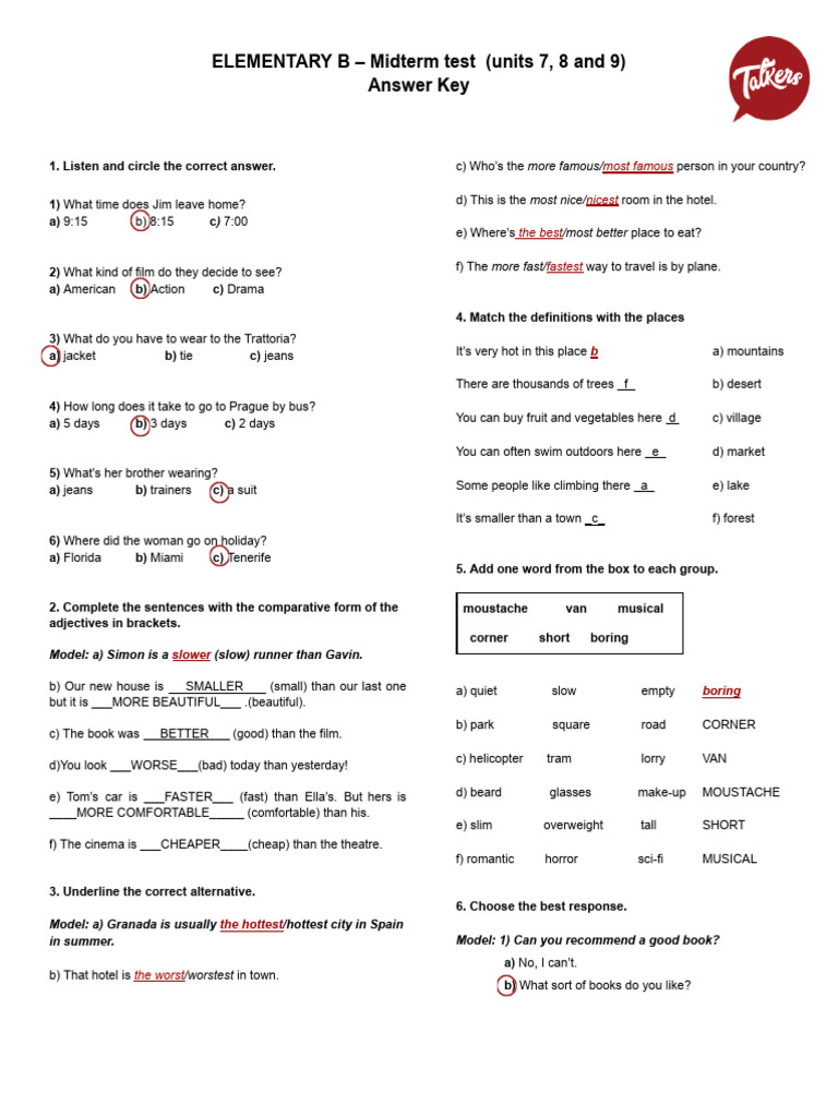 Elementary B Midterm Test Answer Key | PDF