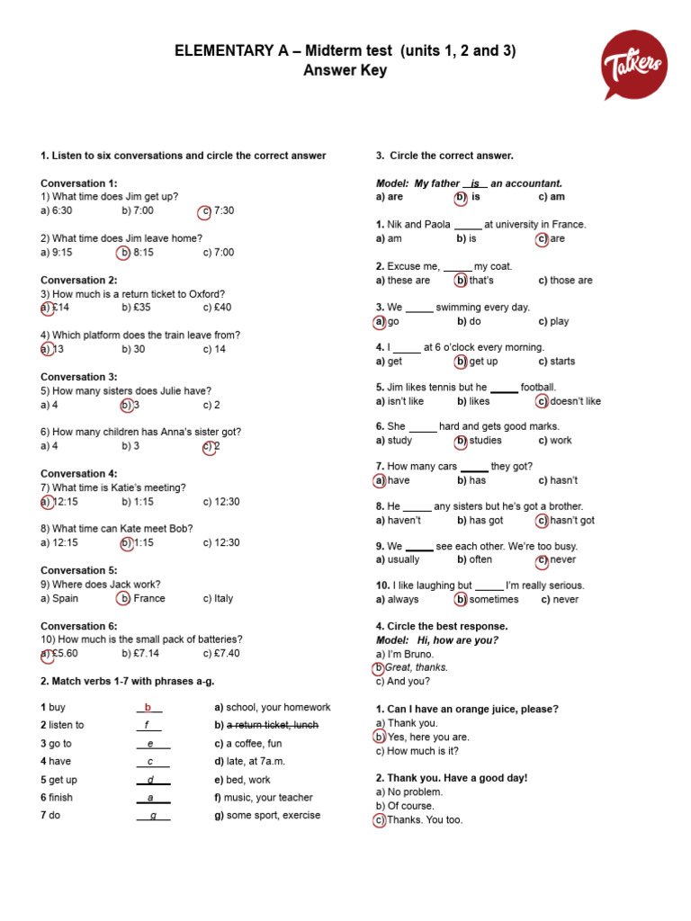 Elementary A Midterm Test Answer Key | PDF