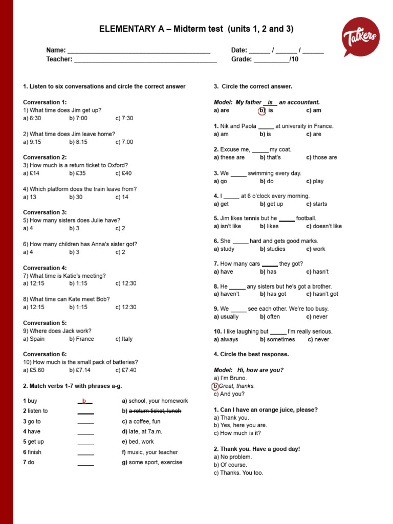 Elementary A - Midterm Test | PDF