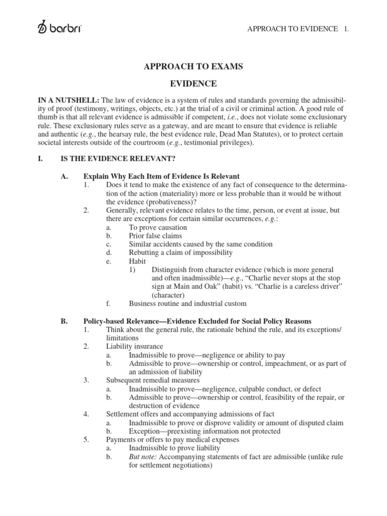 short-evidence-barbri | PDF | Hearsay | Testimony