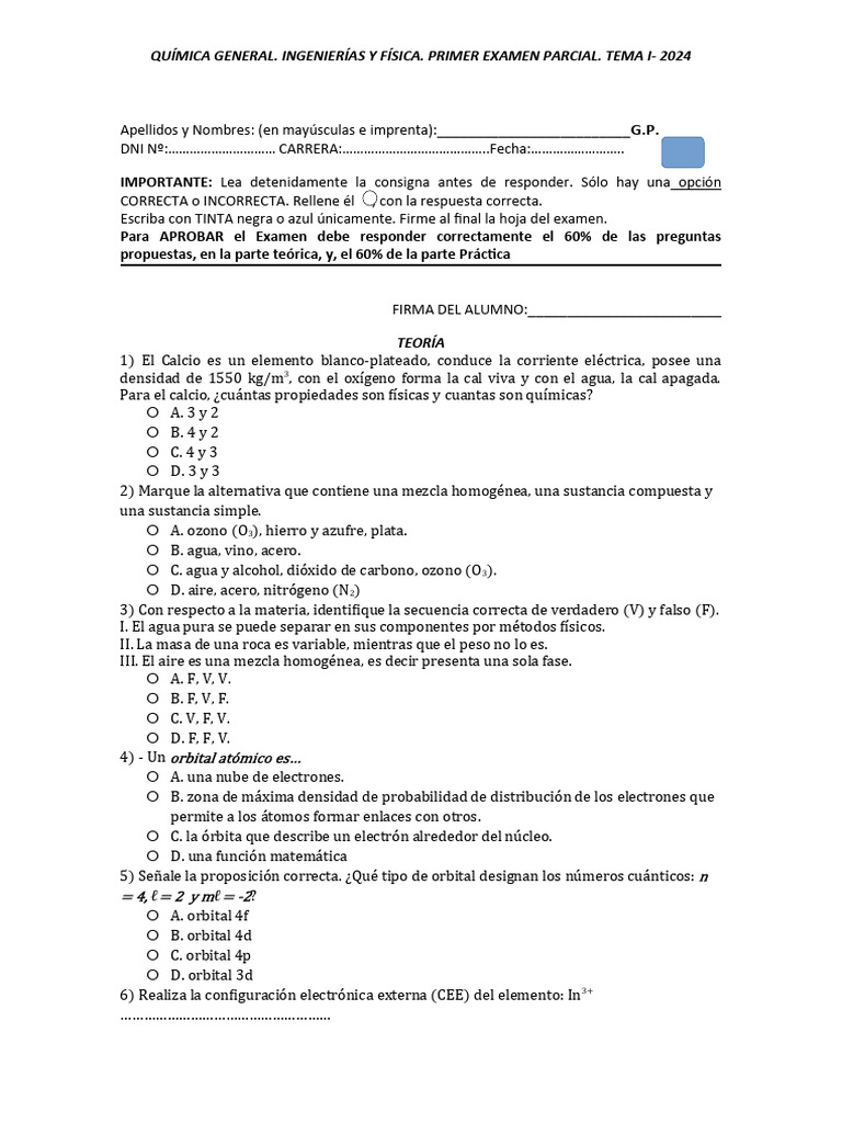 Modelo de Parcial 2024 | Descargar gratis PDF | Electrón | Ácido