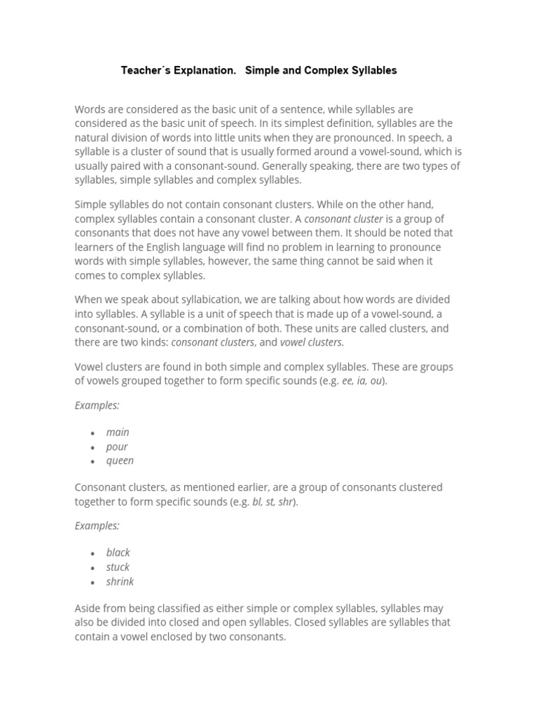 Siple and Complex Syllables | PDF | Syllable | Consonant