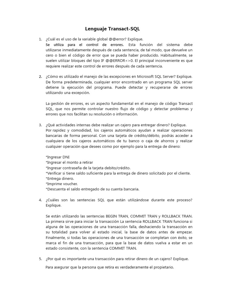Lenguaje Transact-SQL | PDF | Servidor SQL de Microsoft | SQL