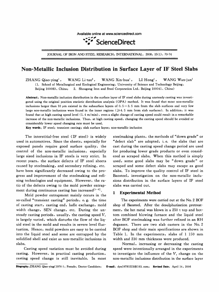 Non-Metallic Inclusion Distribution in Surface Layer of IF Steel Slabs ...