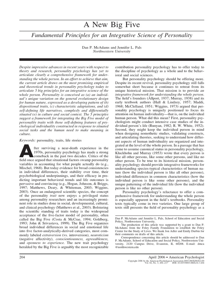McAdams andPals 2007 A new Big Five (1) | PDF | Psychology ...