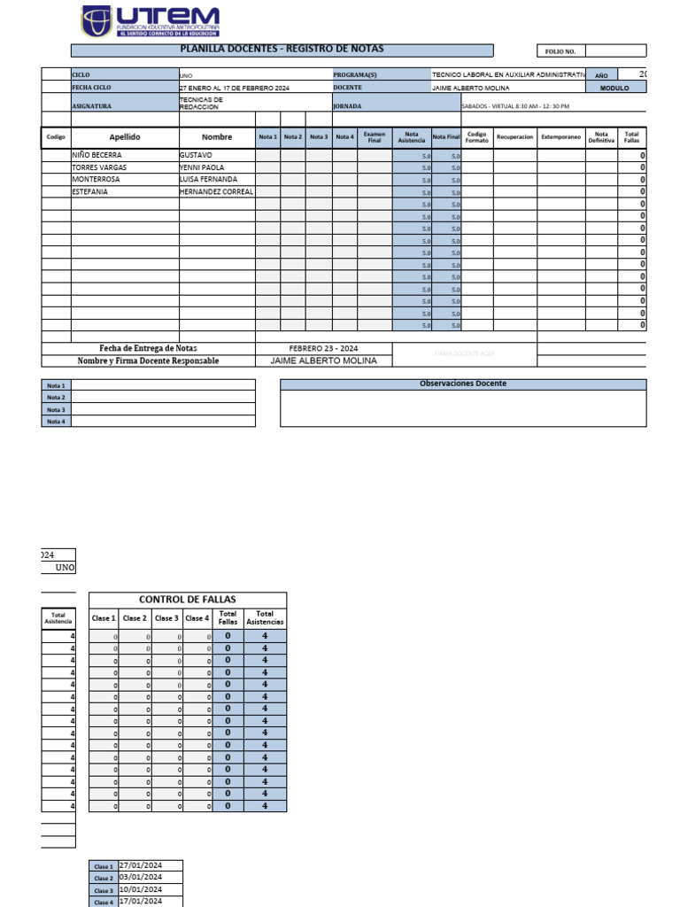 Formato de Notas para Docentes | PDF