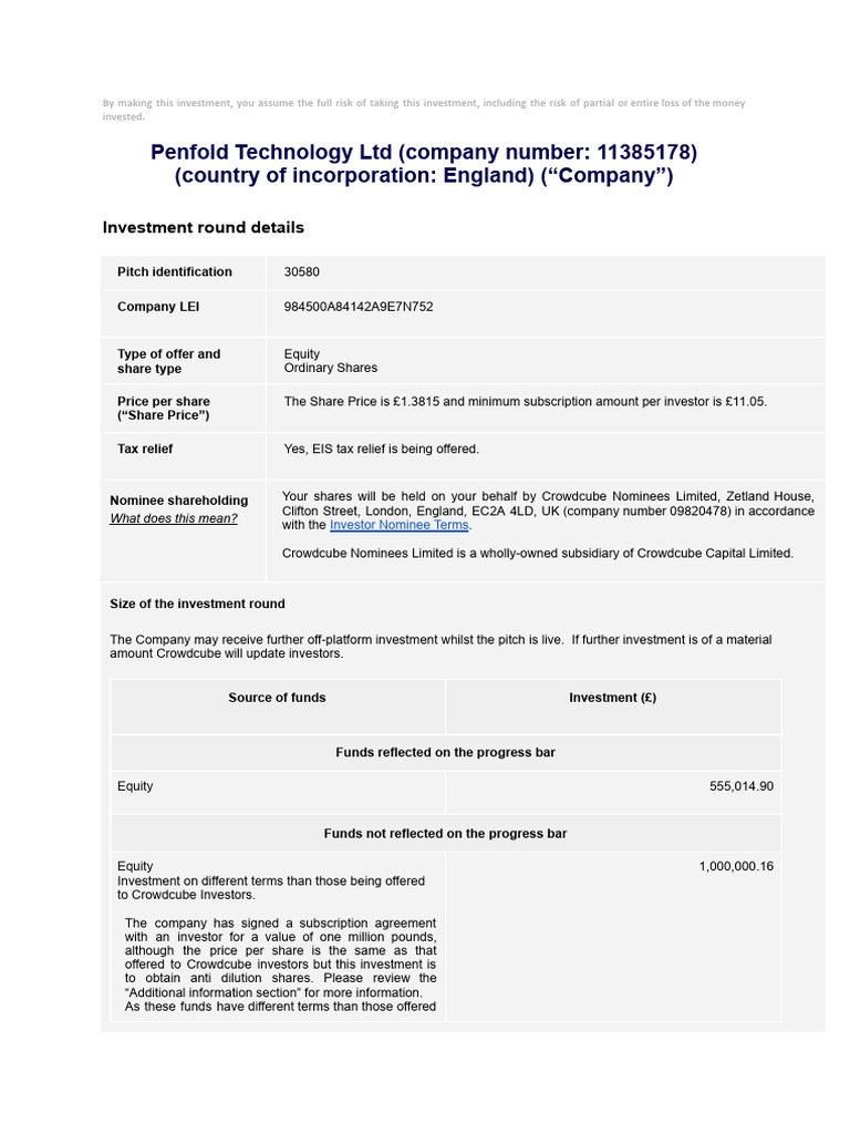 Penfold Penfold Technology LTD Pitch Uk Investment Summary Equity 2 ...