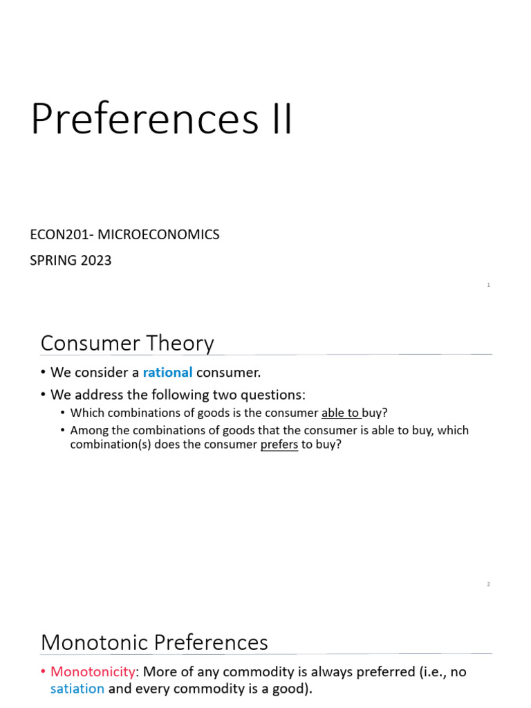 Lecture 5 Preferences2 SP23 | PDF | Utility | Microeconomics