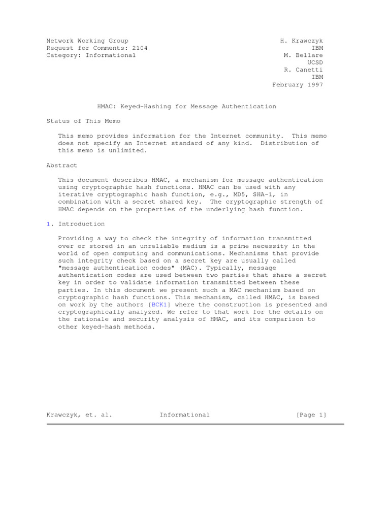 RFC 2104 | PDF | Secure Communication | Espionage Techniques