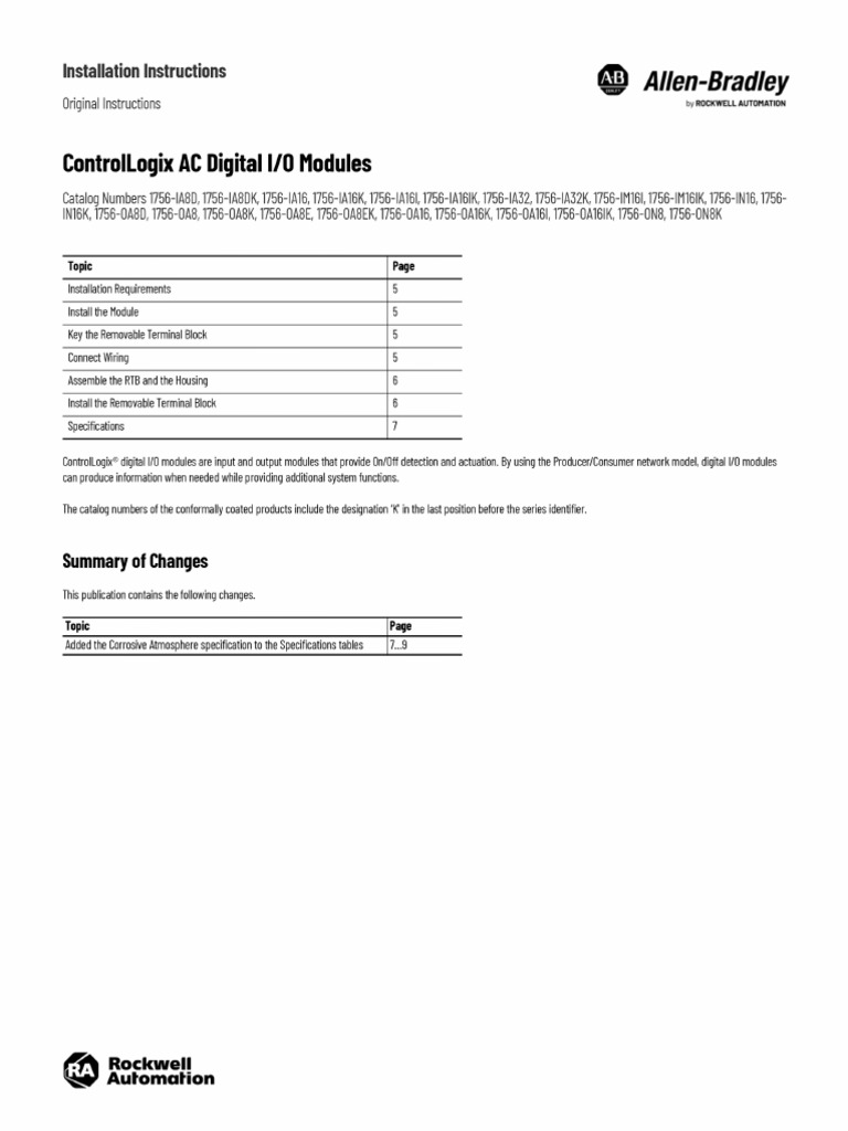 ControlLogix AC Digital I - O Modules Installation Instructions - 1756-In064 - En-P | PDF