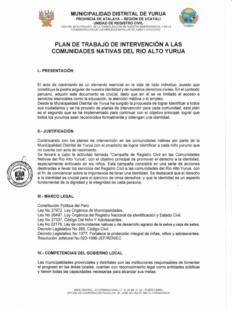 Plan Internencion Rio Alto Yurua - 20240411 - 0001 | PDF | Gobierno