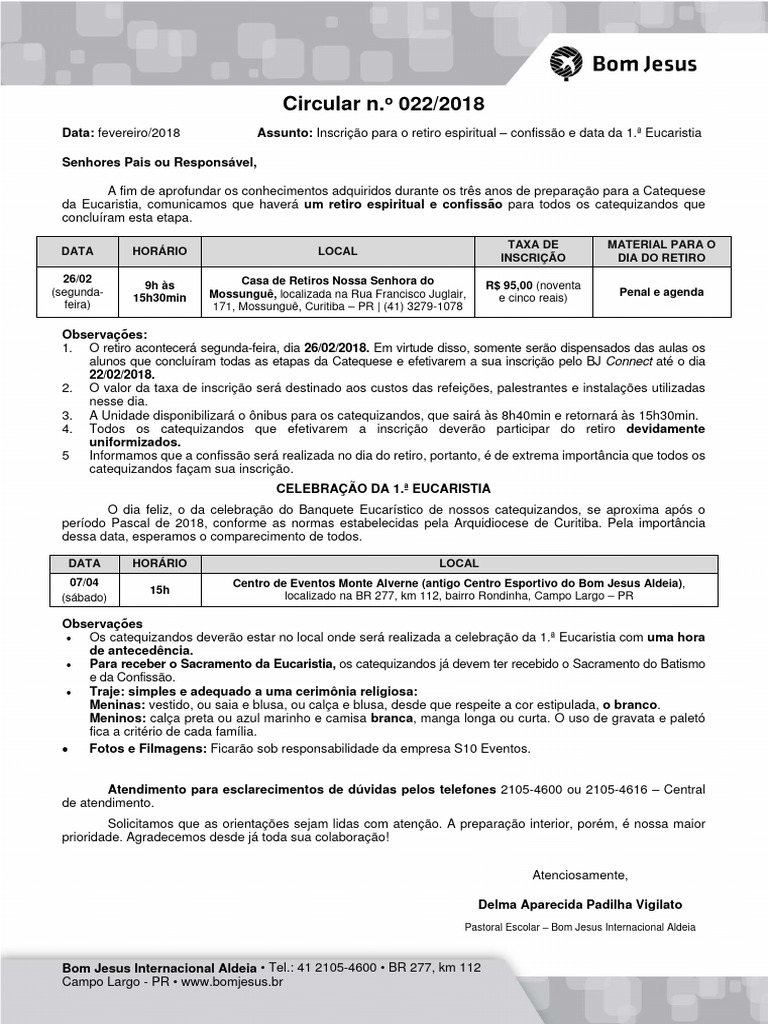 Circular 022 Inscricao Retiro Espiritual Eucaristia 26-02 2018 | PDF | Eucaristia