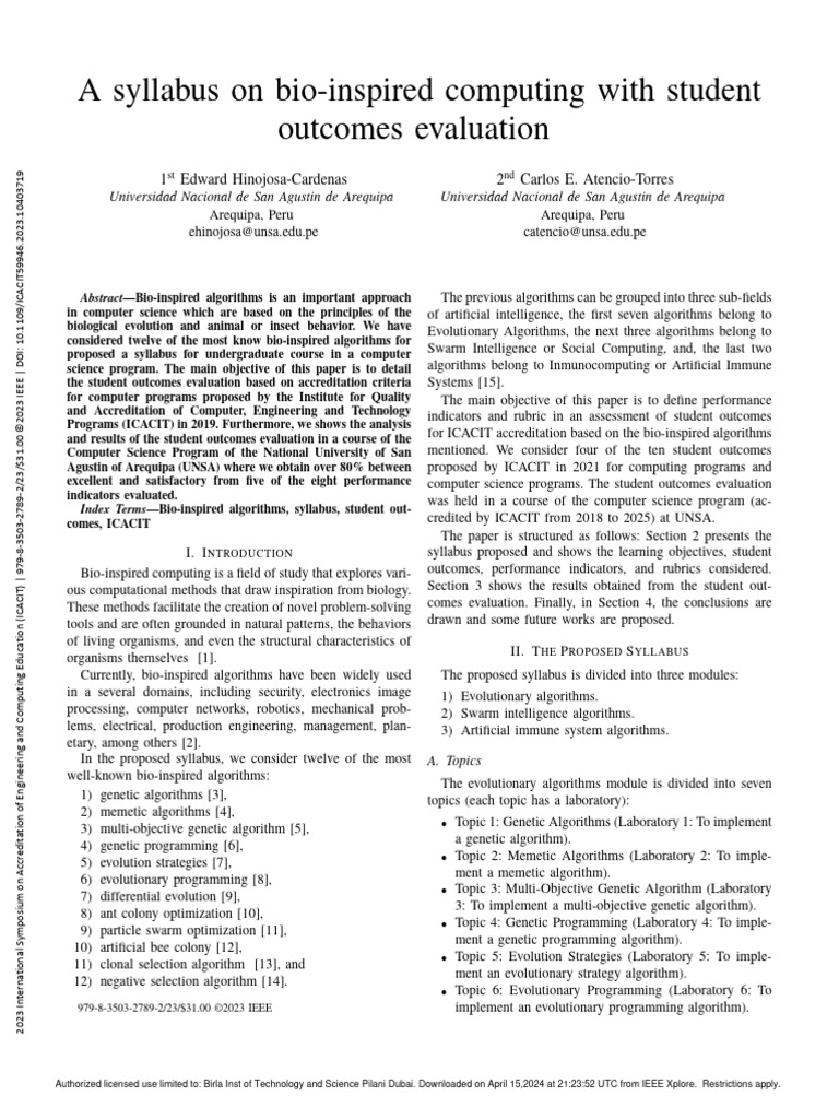 A Syllabus On Bio-Inspired Computing With Student Outcomes Evaluation | PDF | Genetic Algorithm ...
