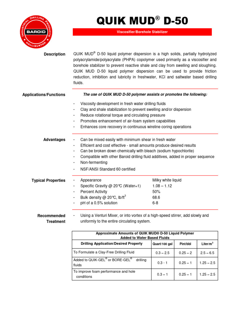 Quik Mud d 50 Product Data Sheet | PDF | Chemical Substances | Materials