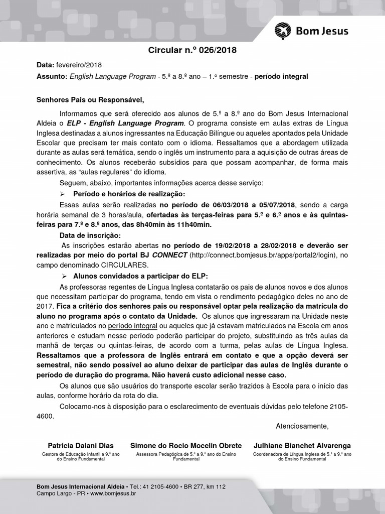 Circular_026_ELP_1sem_integral_2018 | PDF | Pedagogia | Língua inglesa