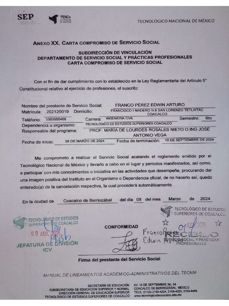 Carta Compromiso Servicio Social | PDF