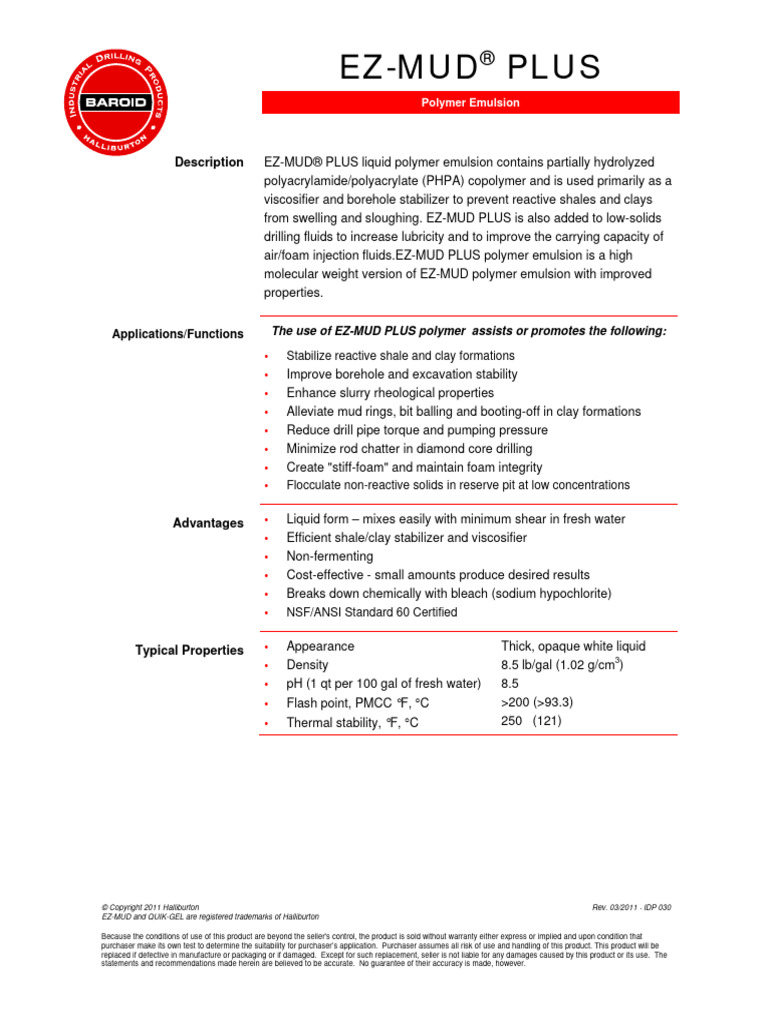 Ez Mud Plus Product Data Sheet | PDF | Bleach | Water