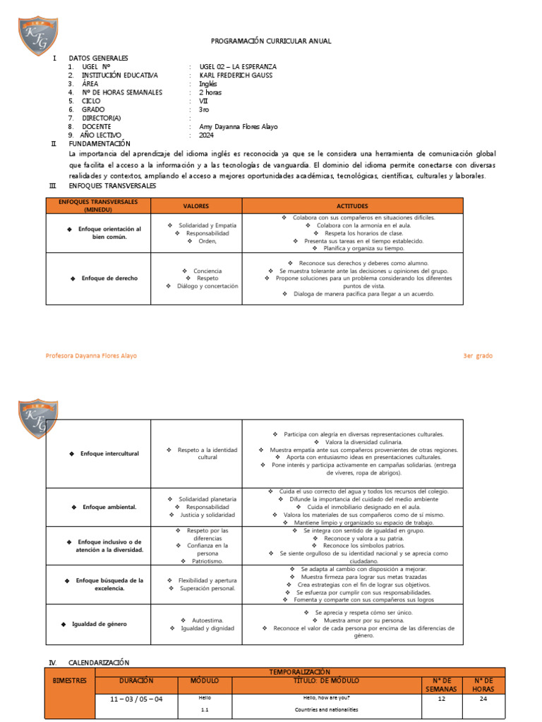 Programación Anual Inglés 3er Grado | PDF | Idioma en Inglés | Maestros