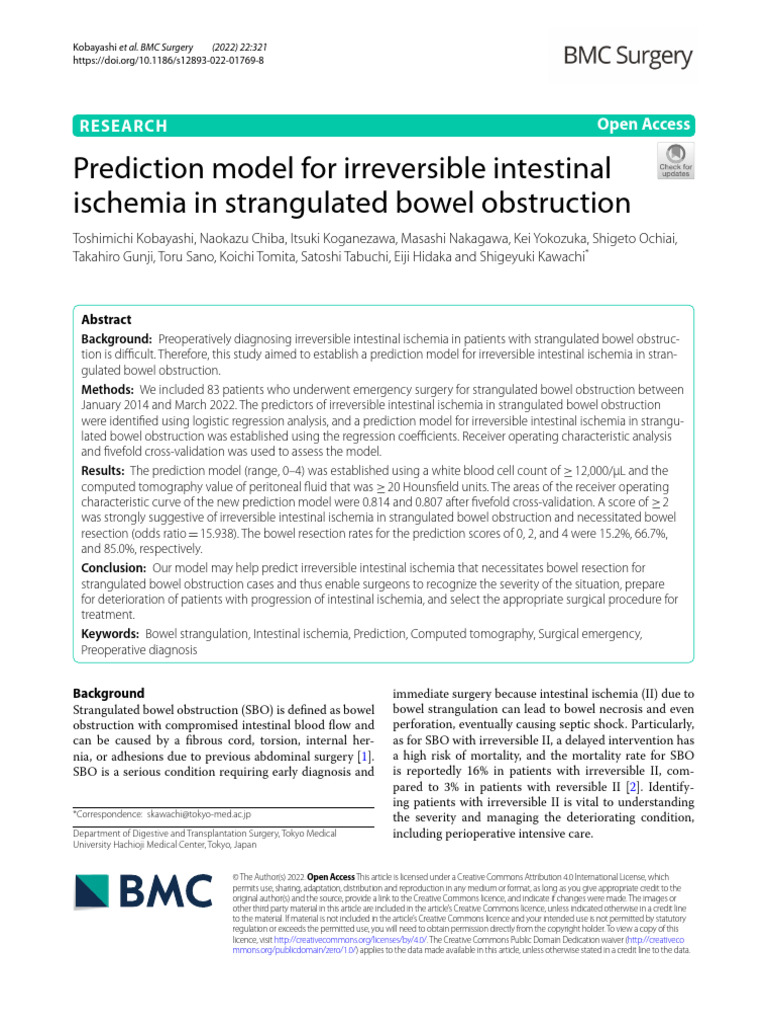 Prediction Model For Irreversible Intestinal Ischemia in Strangulated ...