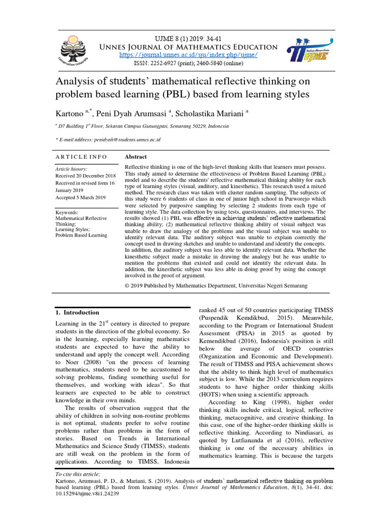 Analysis of Students' Mathematical Reflective Thinking On Problem Based Learning (PBL) Based ...