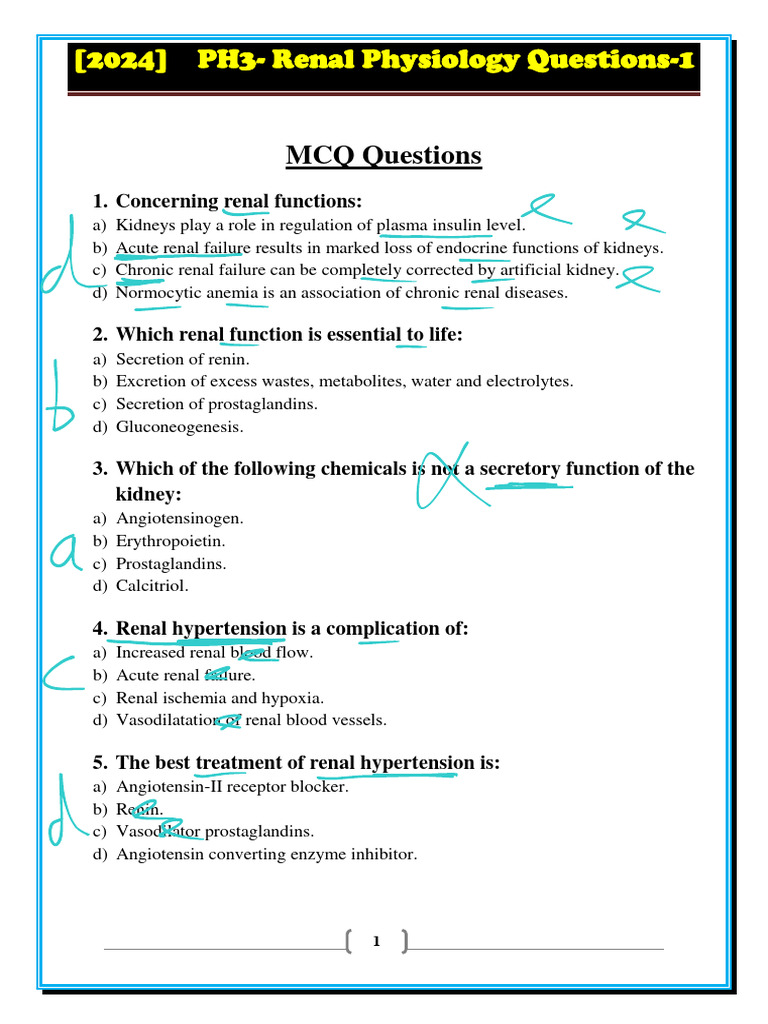 ?Renal Physiology Questions-1 | PDF | Kidney | Angiotensin