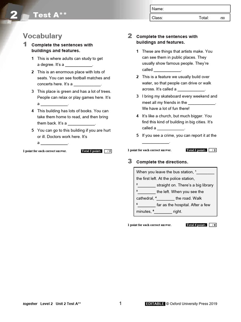 Level 2 Unit 2 Test A Vocabulary & Grammar | PDF
