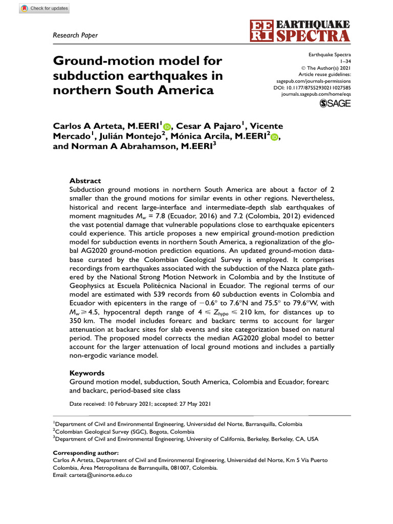 2021 - Arteta Et Al - Ground-Motion Model For Subduction Earthquakes in ...