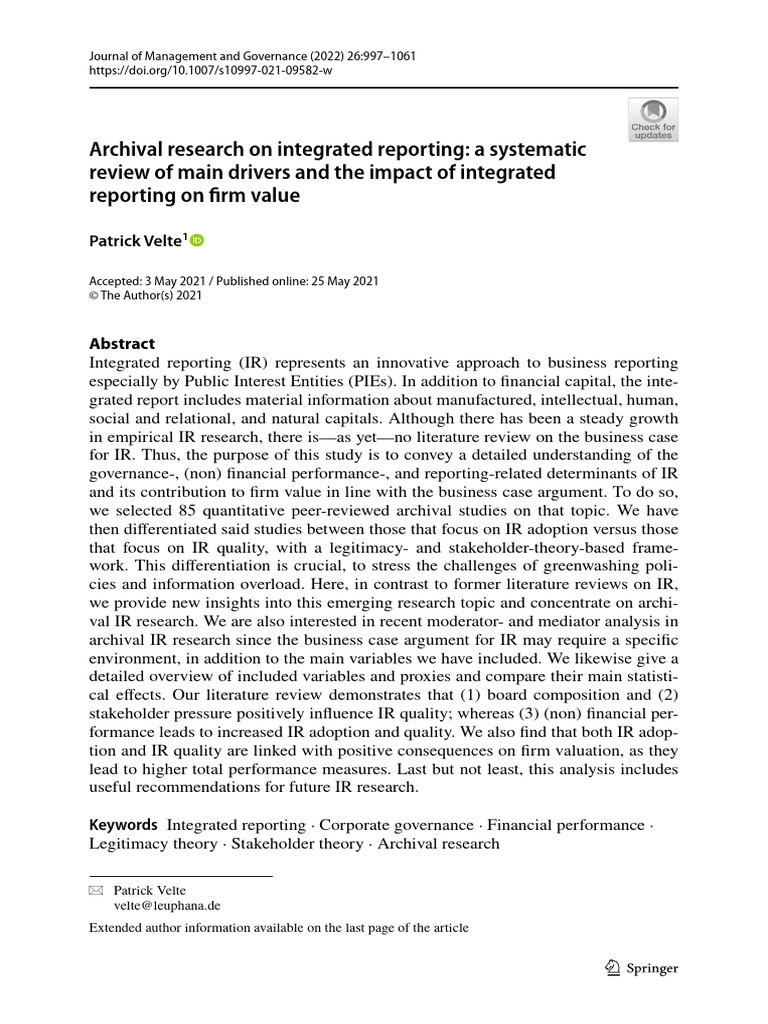 Archival Research On Integrated Reporting: A Systematic Review of Main Drivers and The Impact of ...