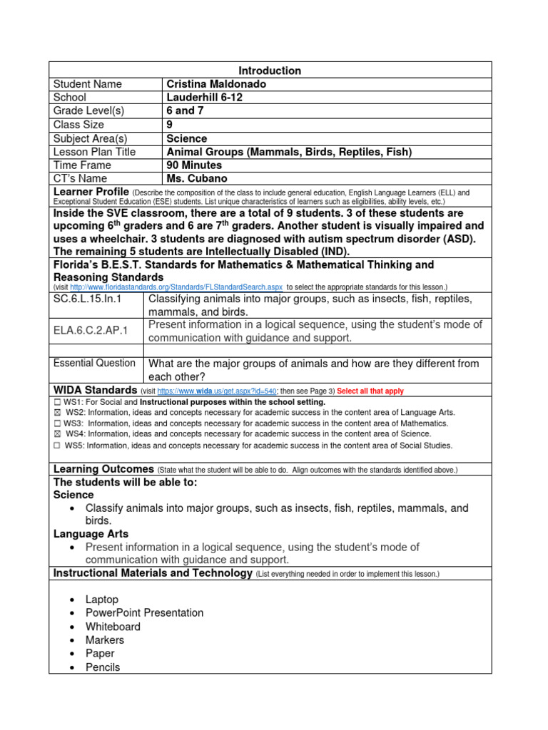 major animal groups lesson plan | PDF | Cognition | Learning