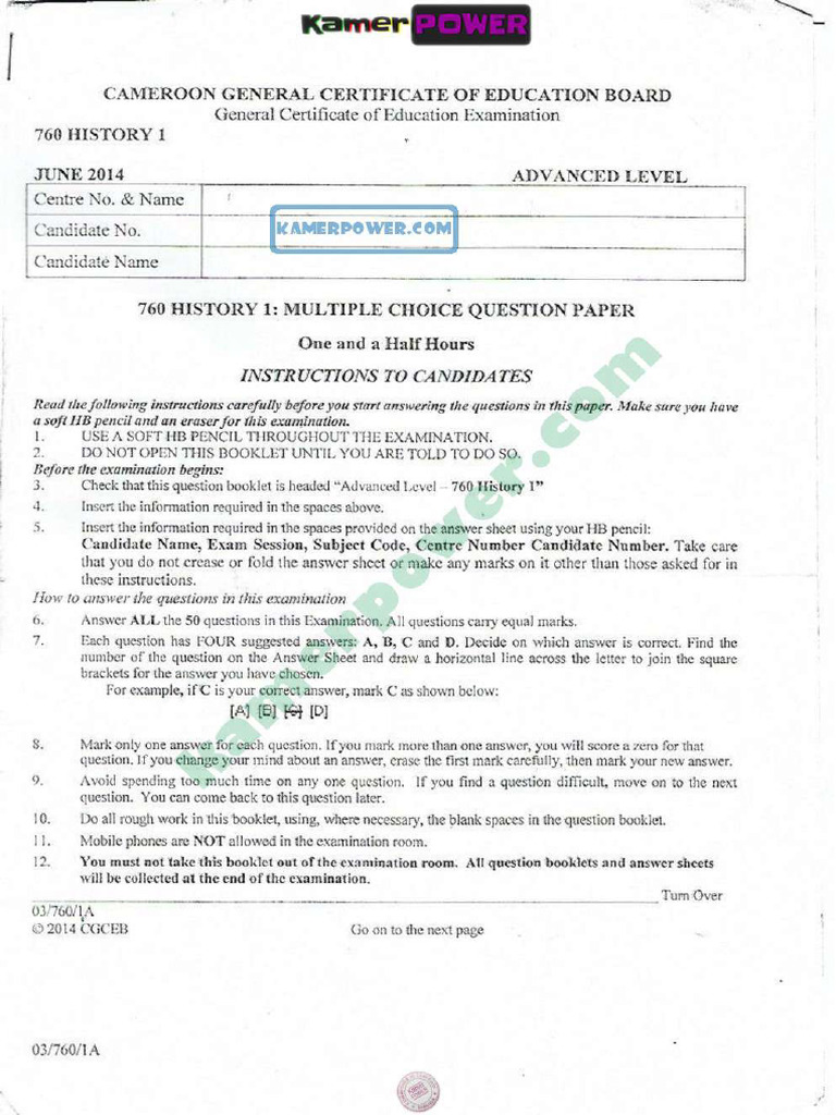 History Paper 1 Cameroon GCE Past Question A Level Year 2014 | PDF