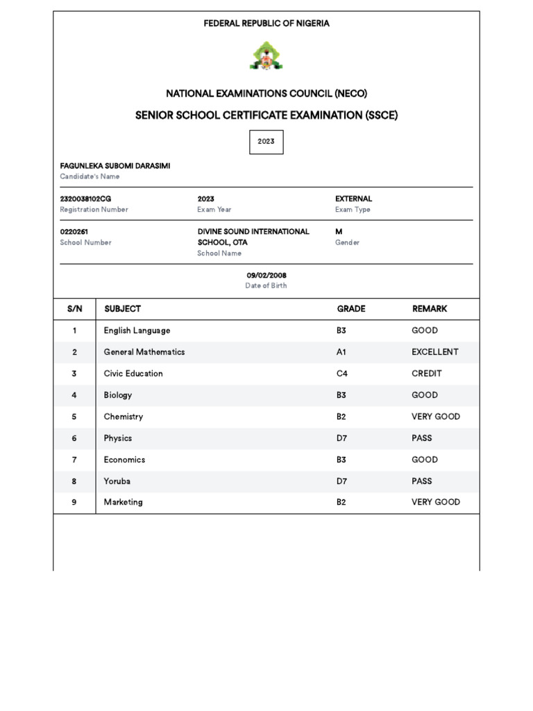 NECO Results Porta | PDF