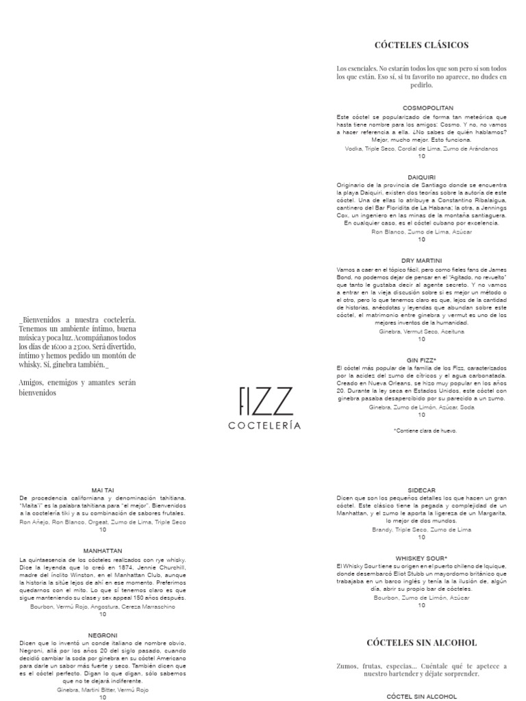 FIZZ Bar Carta Cocktails | PDF | Ginebra | Bebidas Destiladas