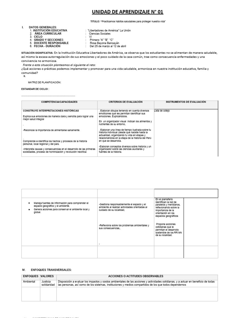 UNIDAD DE APRENDIZAJE N 01 CC - SS 1ero2024 | PDF | Aprendizaje | Evaluación