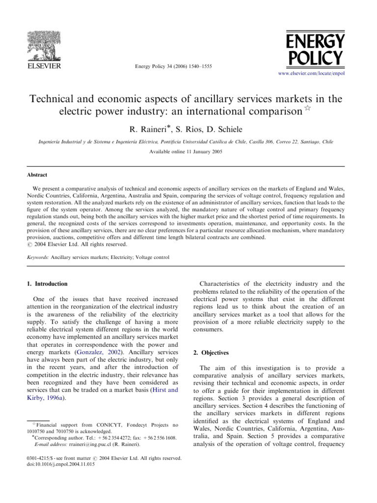 Technical and Economic Aspects of Ancillary Services Markets in The ...
