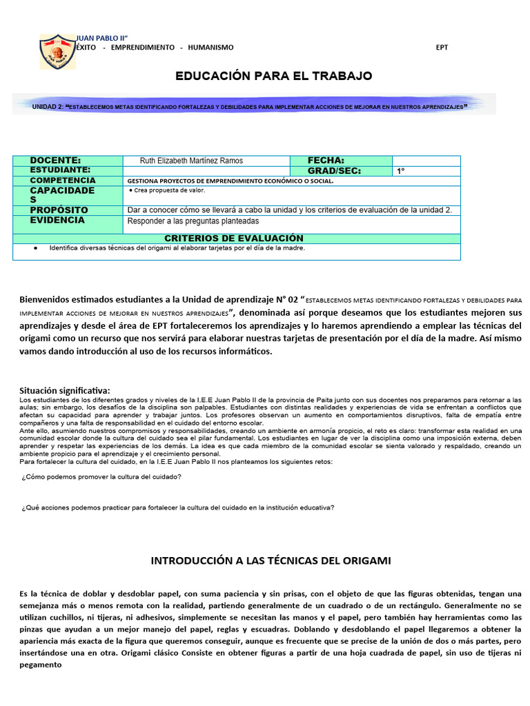 Ficha Sesión 1 EPT Unidad 2 | PDF | Origami | Evaluación